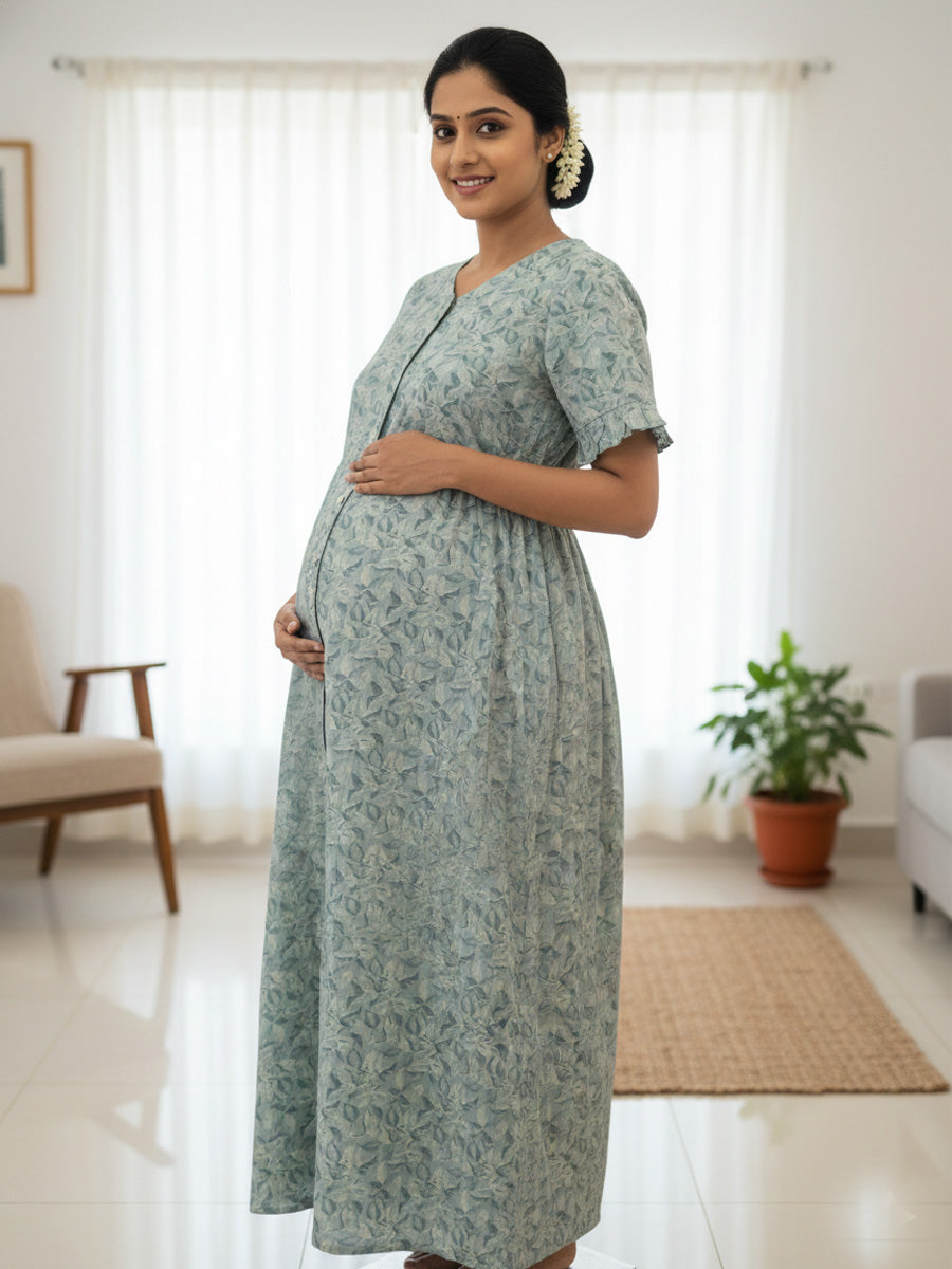 Full-Open Cotton Maternity & Nursing Nighty (Full Length) – Powder Blu ...